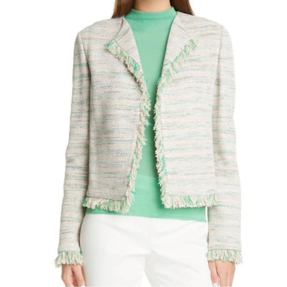 St. John | Jackets & Coats | Stjohn Ombr Knit Fringe Jacket Tweed White ...